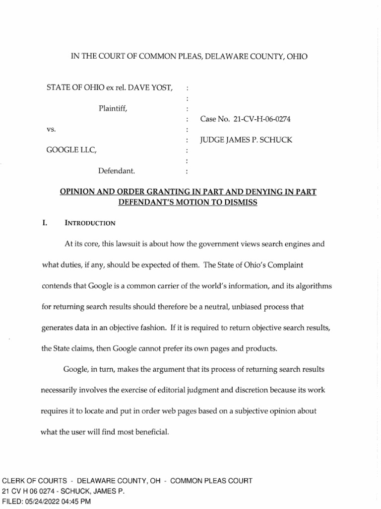 Judge Grants and Denies Google's Motion To Dismiss Ohio Lawsuit | PDF