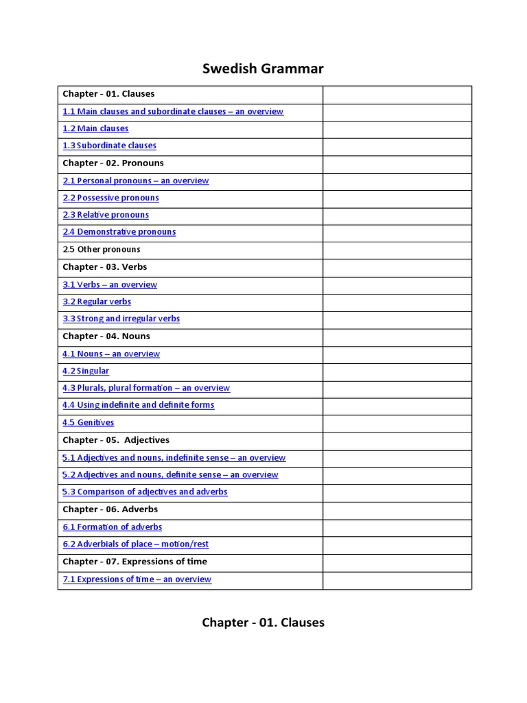 Swedish Grammar: Chapter - 01. Clauses | PDF | Clause | Perfect (Grammar)