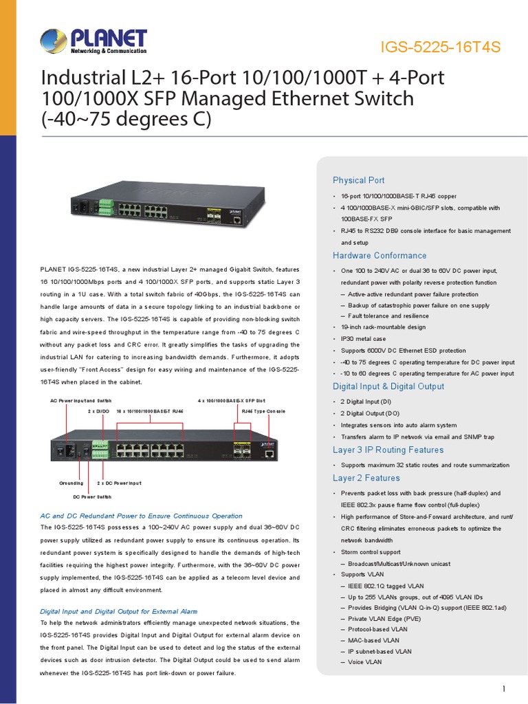 Industrial L2+ 16-Port 10/100/1000T + 4-Port 100/1000X SFP Managed Ethernet Switch (-40 75 ...