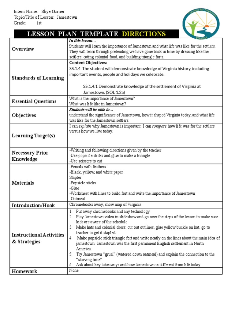 Lesson Plan Template: Directions | PDF | Lesson Plan | Jamestown, Virginia