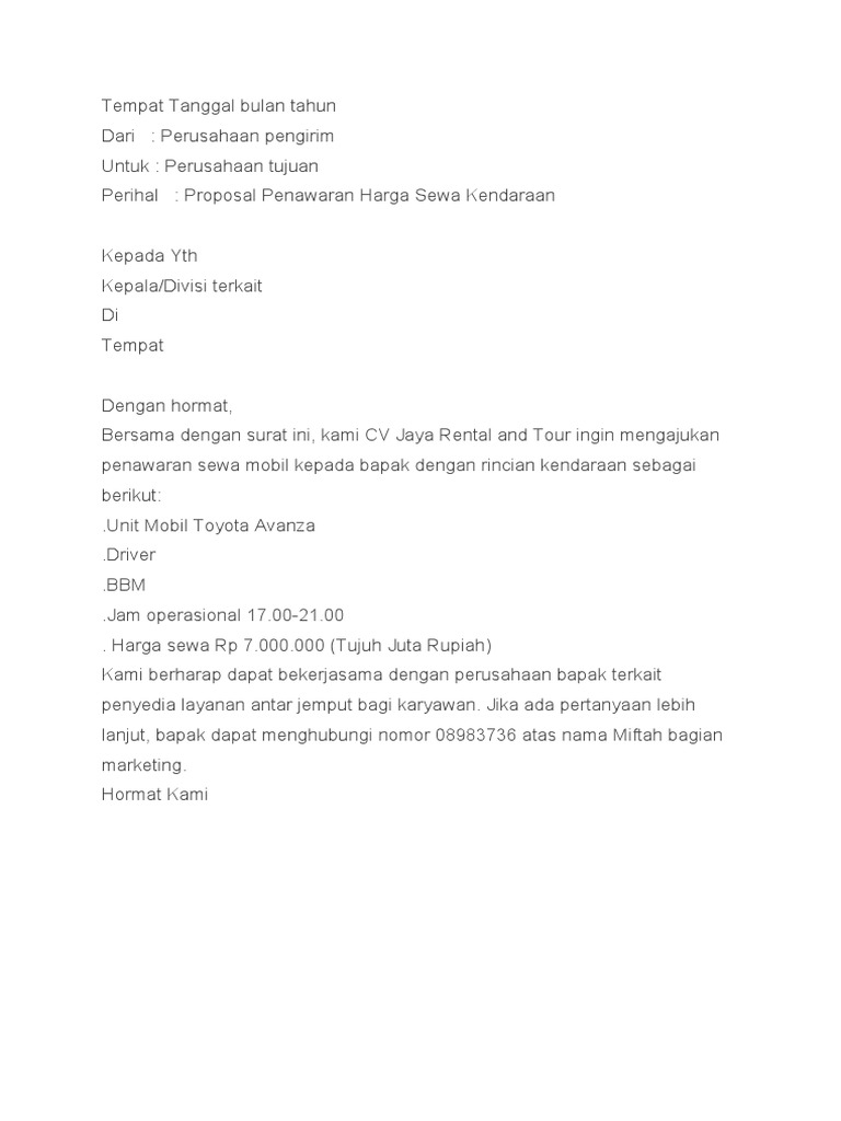 Proposal Penawaran Sewa Mobil Ke Perusahaan | PDF | Bisnis | Teknologi & Rekayasa