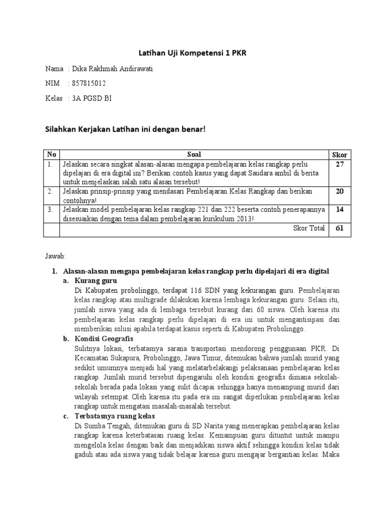 Latihan Uji Kompetensi 1 PKR | PDF
