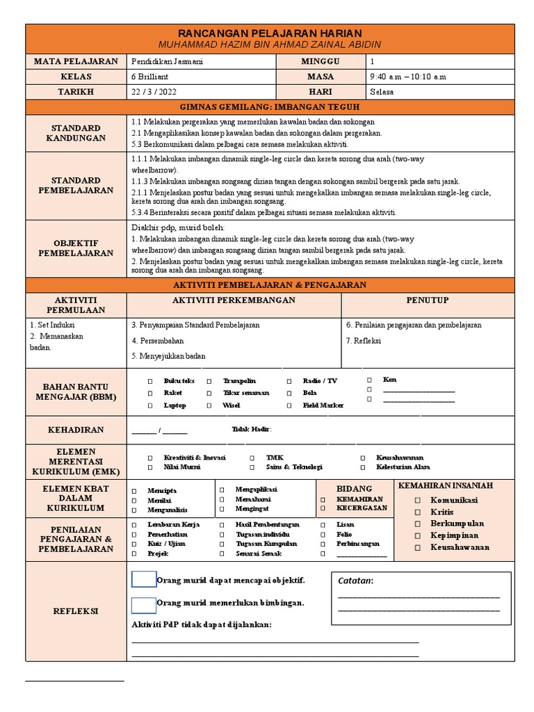 RPH PJ Tahun 6 | PDF