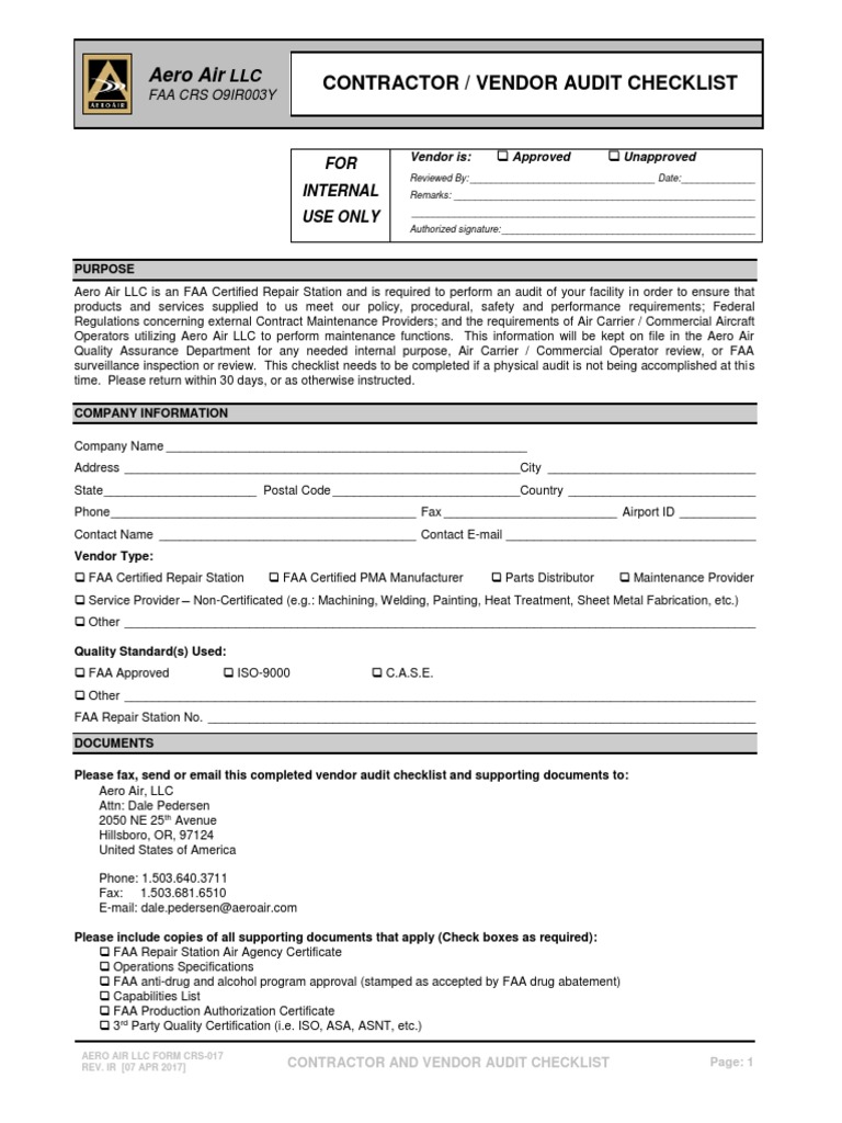 Contractor Vendor Audit Checklist | PDF | Audit | Federal Aviation ...