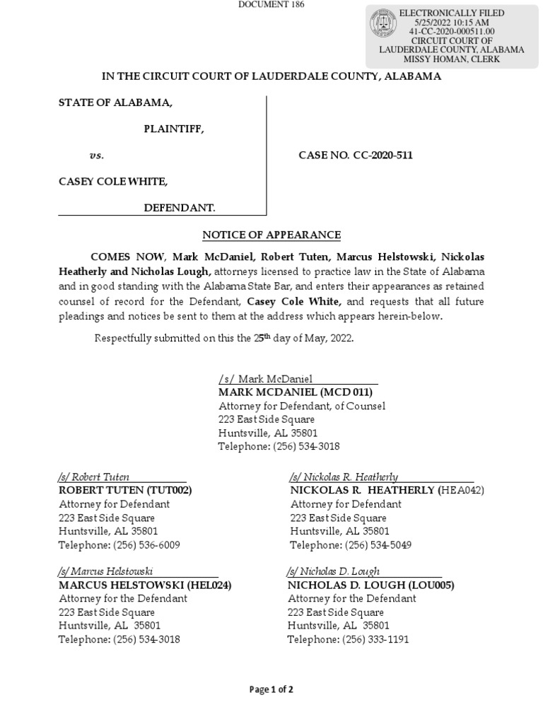 Notice of Appearance for Casey White | PDF | Law