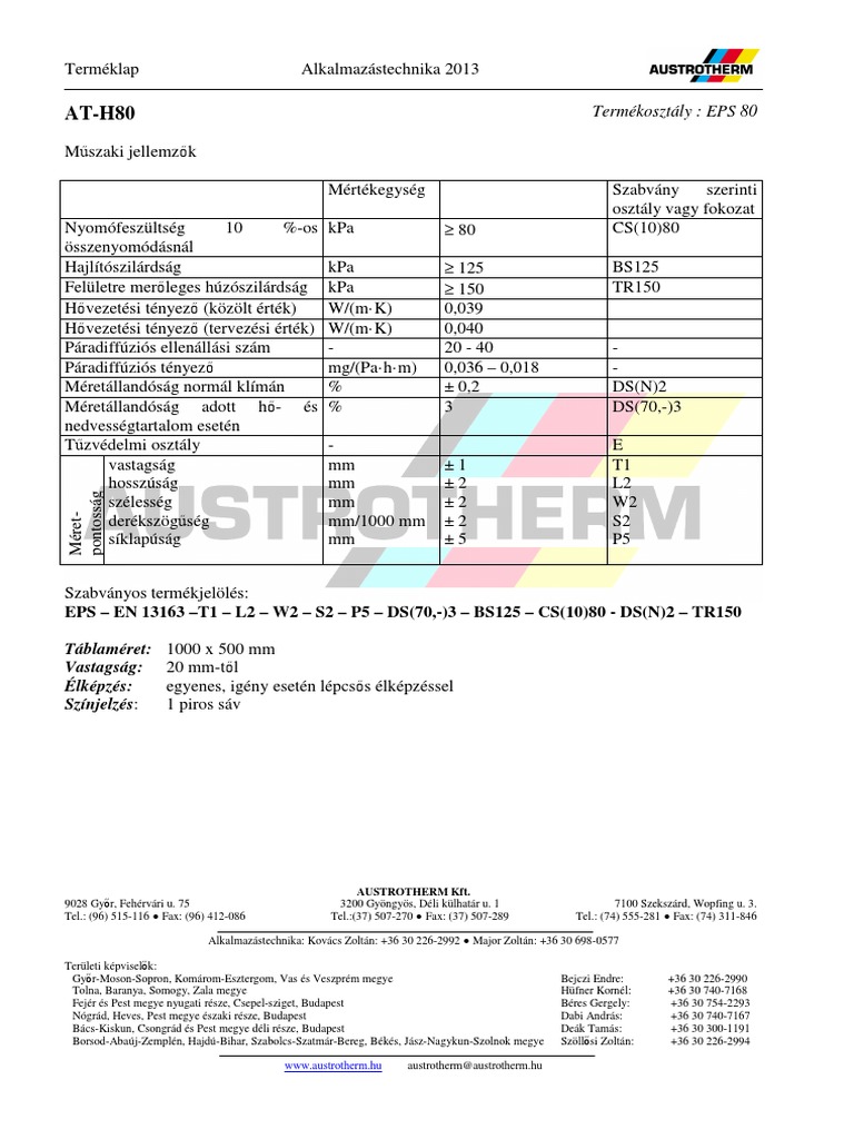 Termékosztály: EPS 80: EPS - EN 13163 - T1 - L2 - W2 - S2 - P5 - DS (70 ...