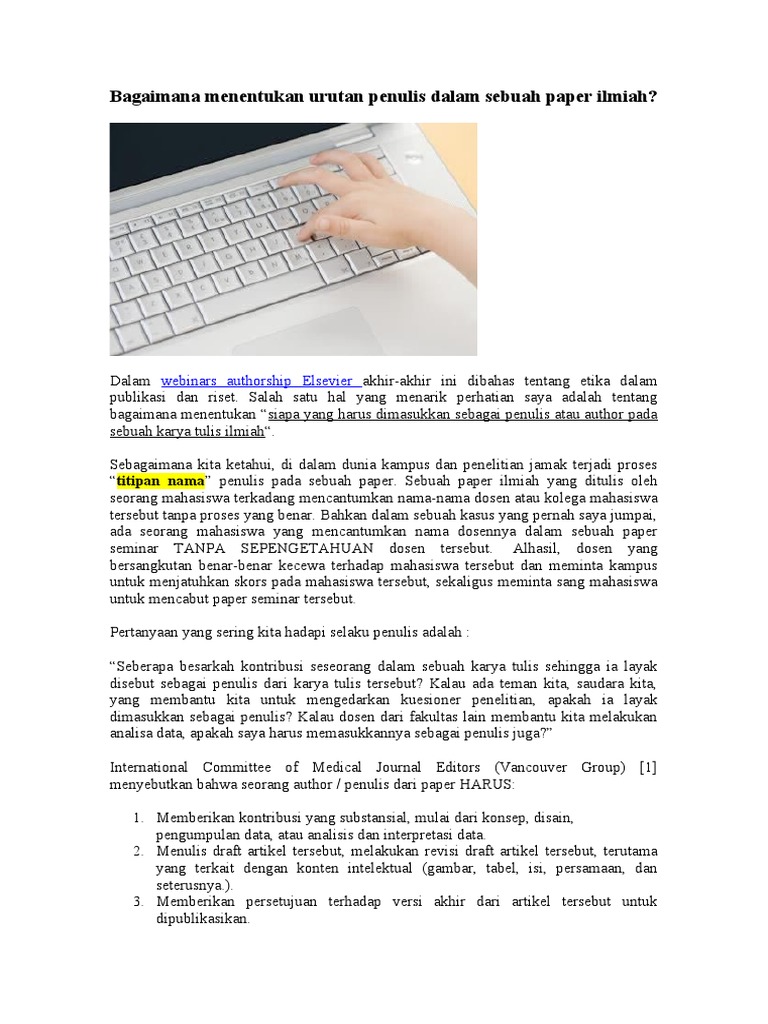 Bagaimana Menentukan Urutan Penulis Dalam Sebuah Paper Ilmiah | PDF