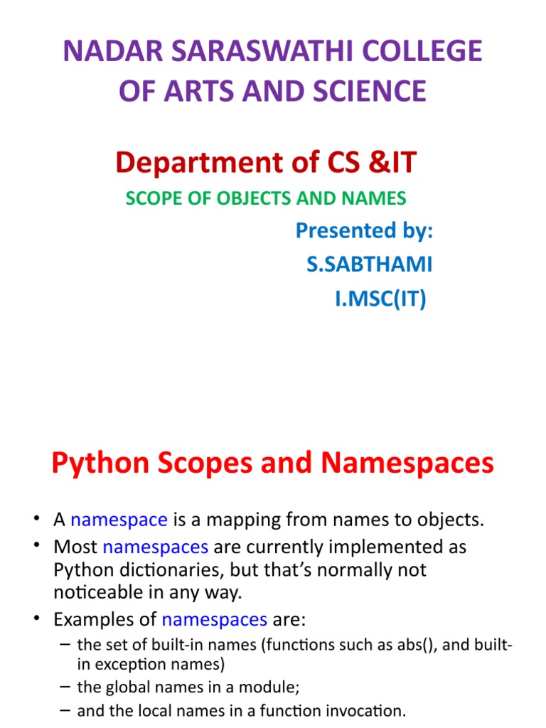 Nadar Saraswathi College of Arts and Science: Department of CS &IT | PDF | Scope (Computer ...