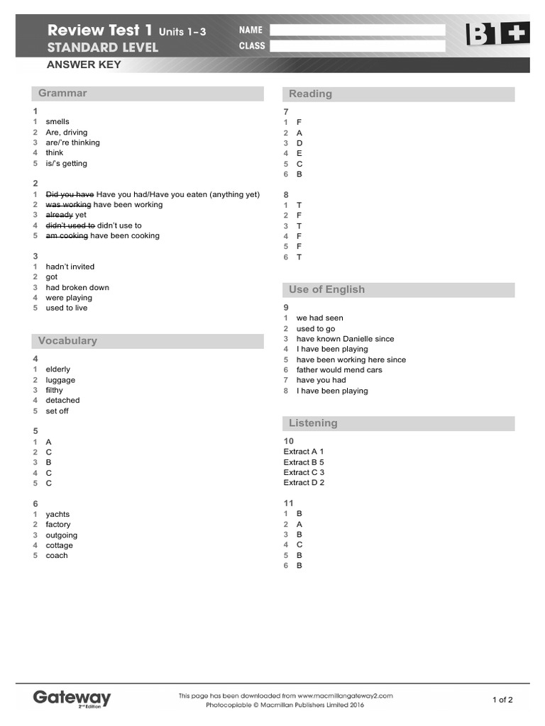 B1+ Review Test 1 Answer Key Standard | PDF