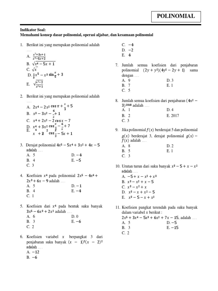 Latihan Soal Polinomial Kelas 11 | PDF