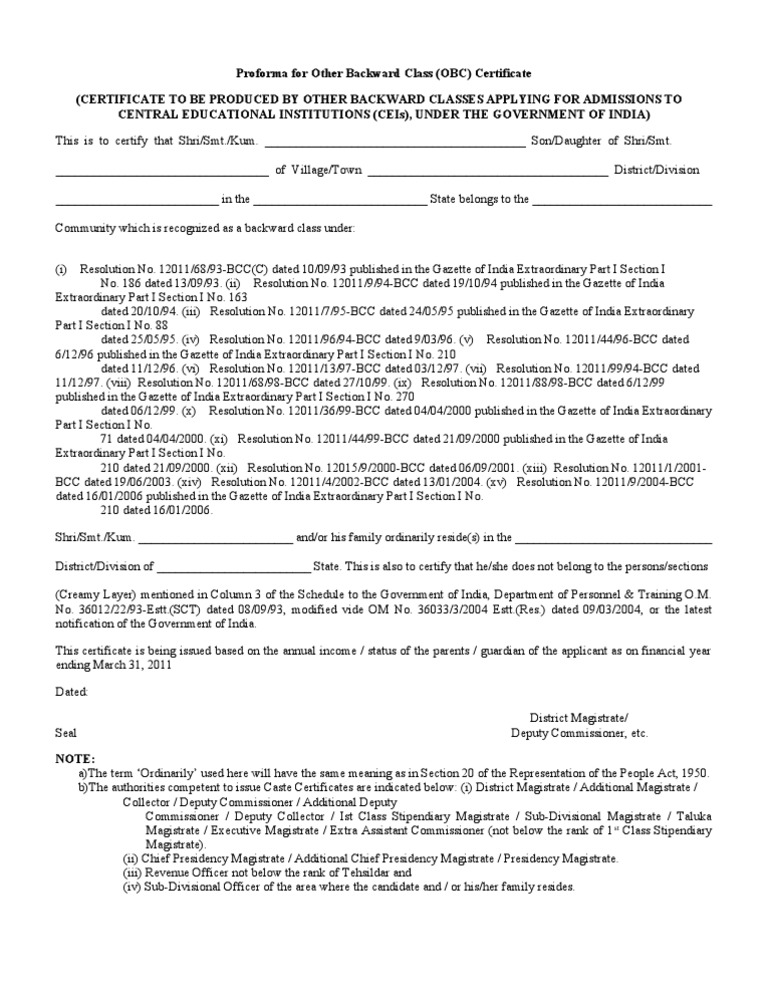OBC Community Certificate | PDF