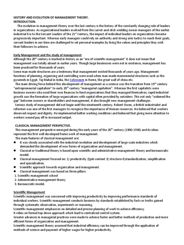 HISTORY AND EVOLUTION OF MANAGEMENT THEORY | PDF | Science | Leadership