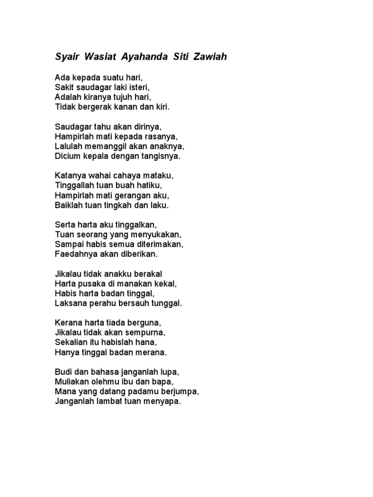 Syair Wasiat Ayahanda Siti Zawiah | PDF