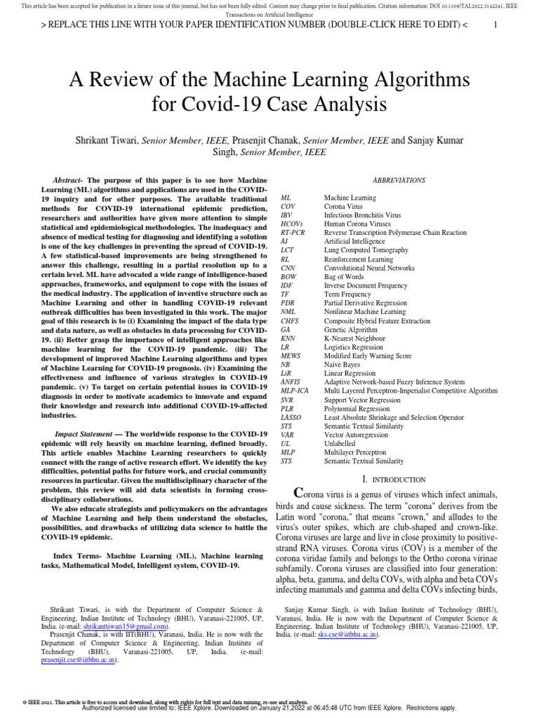 A Review of The Machine Learning Algorithms For Covid-19 Case Analysis ...