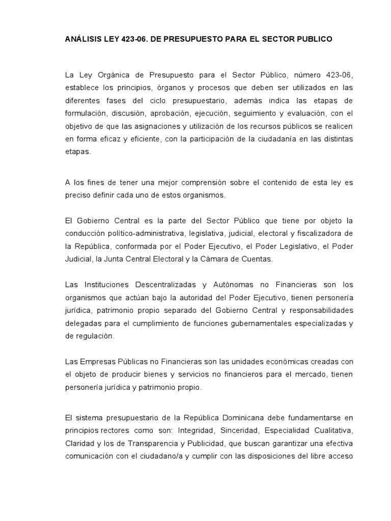 Analisis Ley 423 06 de Presupuesto para | PDF | Presupuesto | Gobierno ...