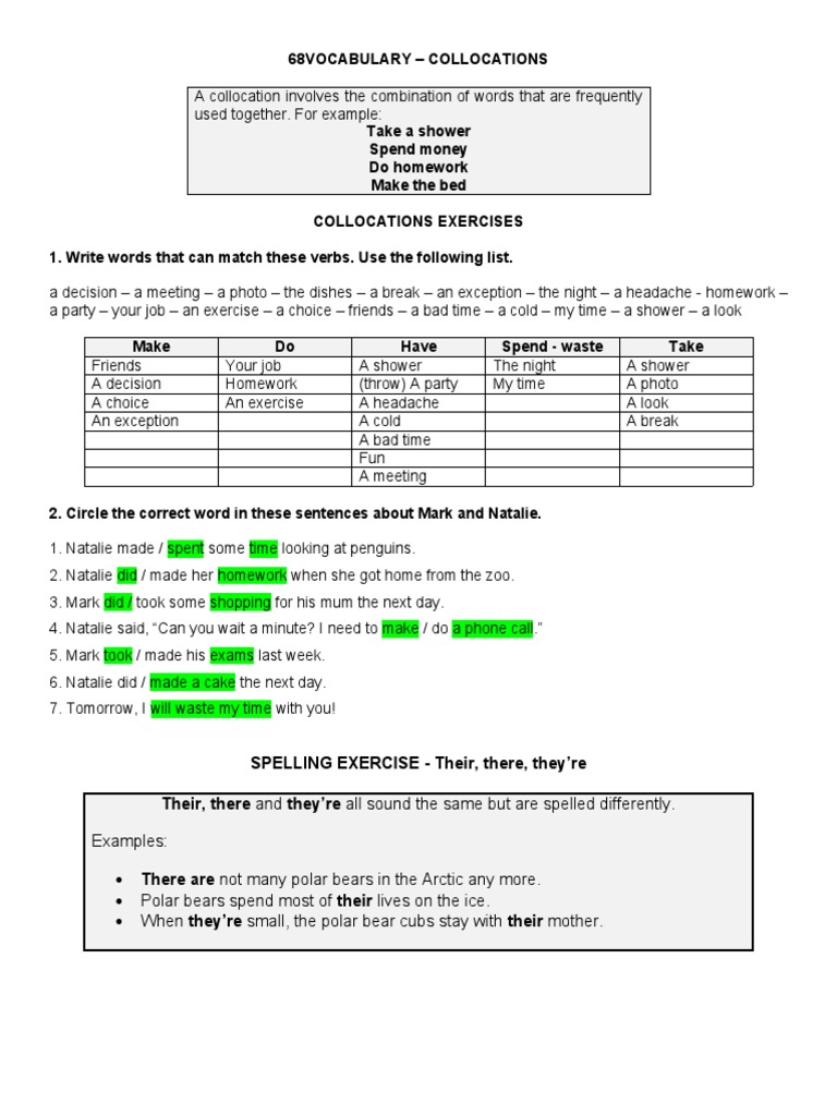 Vocabulary Collocations and Exercises: Combining Words Frequently Used Together | PDF ...