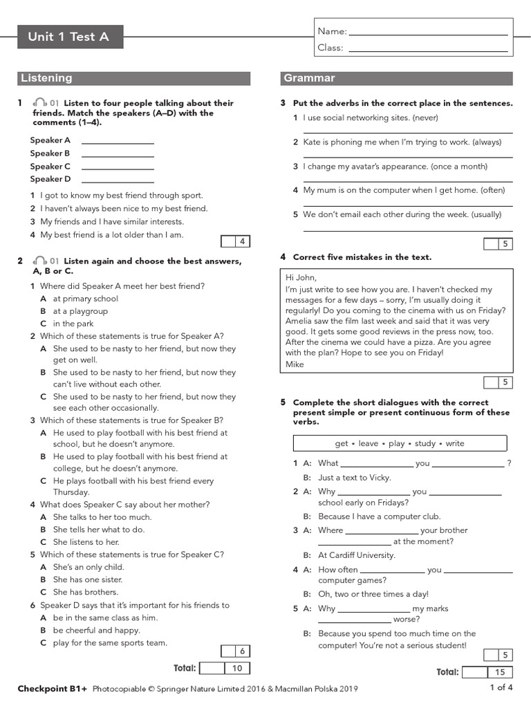 Checkpoint B1+ Unit 1 Test A | PDF