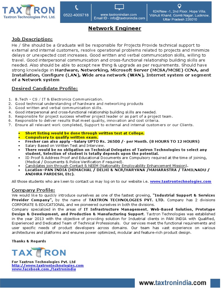 Taxtron B.Tech - JD For Network Engg. Version 2021 | PDF | Computer Network | Cisco Certifications