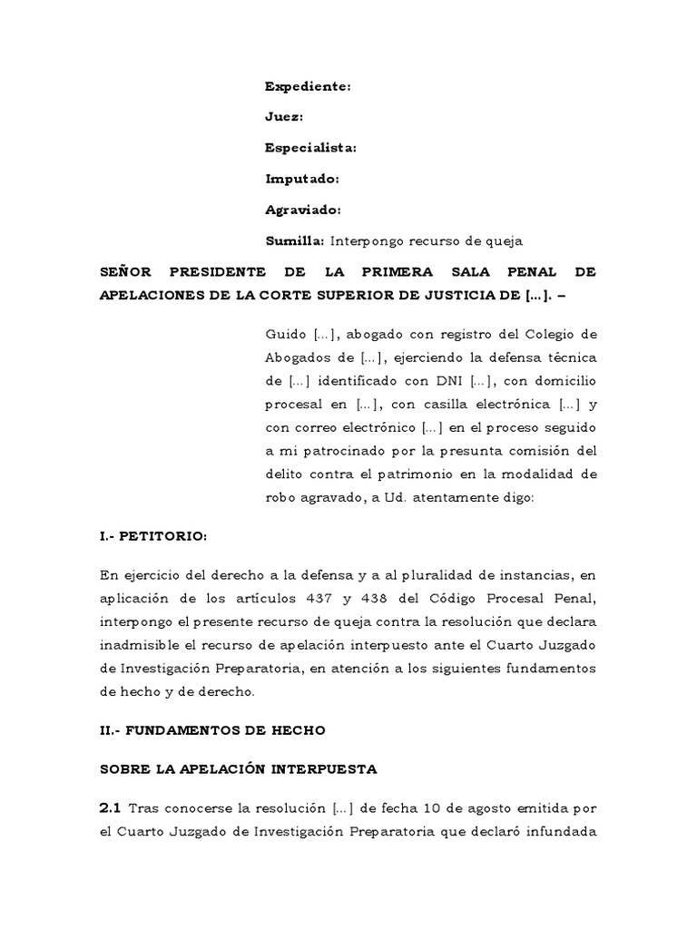 Modelo Recurso de Queja Penal | PDF | Apelación | Crimen y violencia