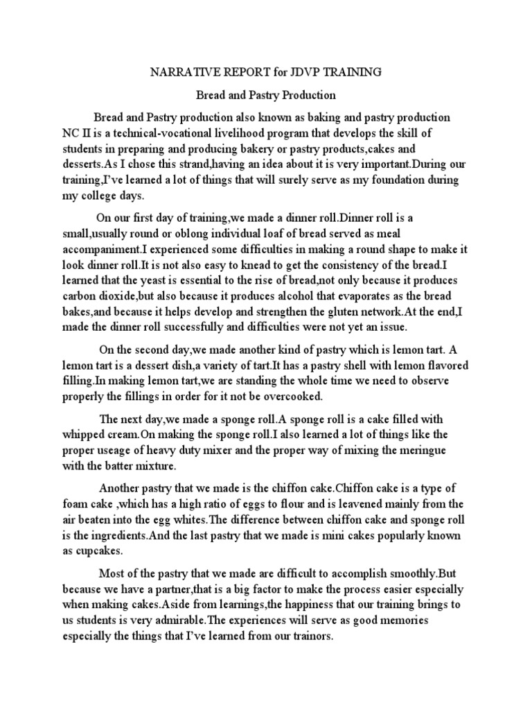 Narrative Report For JDVP Training | PDF | Breads | Cakes