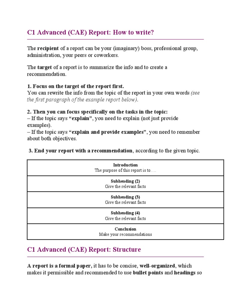 C1 Advanced (CAE) Report: How To Write?: 1. Focus On The Target of The ...