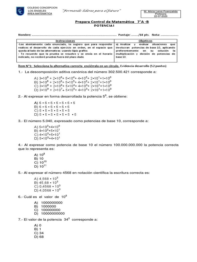 7mo Basico Matematica Guia Potencias | Descargar gratis PDF | Matemáticas