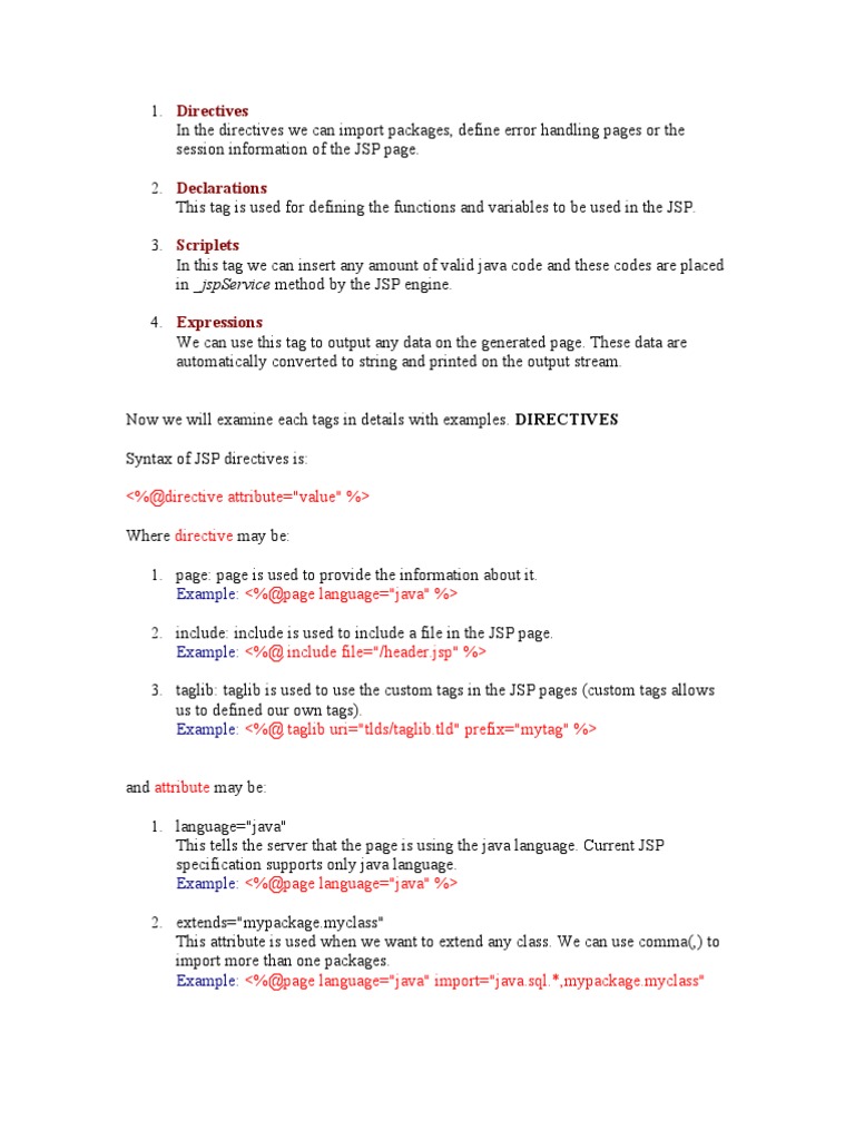 JSP Tags: Directives, Declarations, Scriptlets, Expressions | PDF
