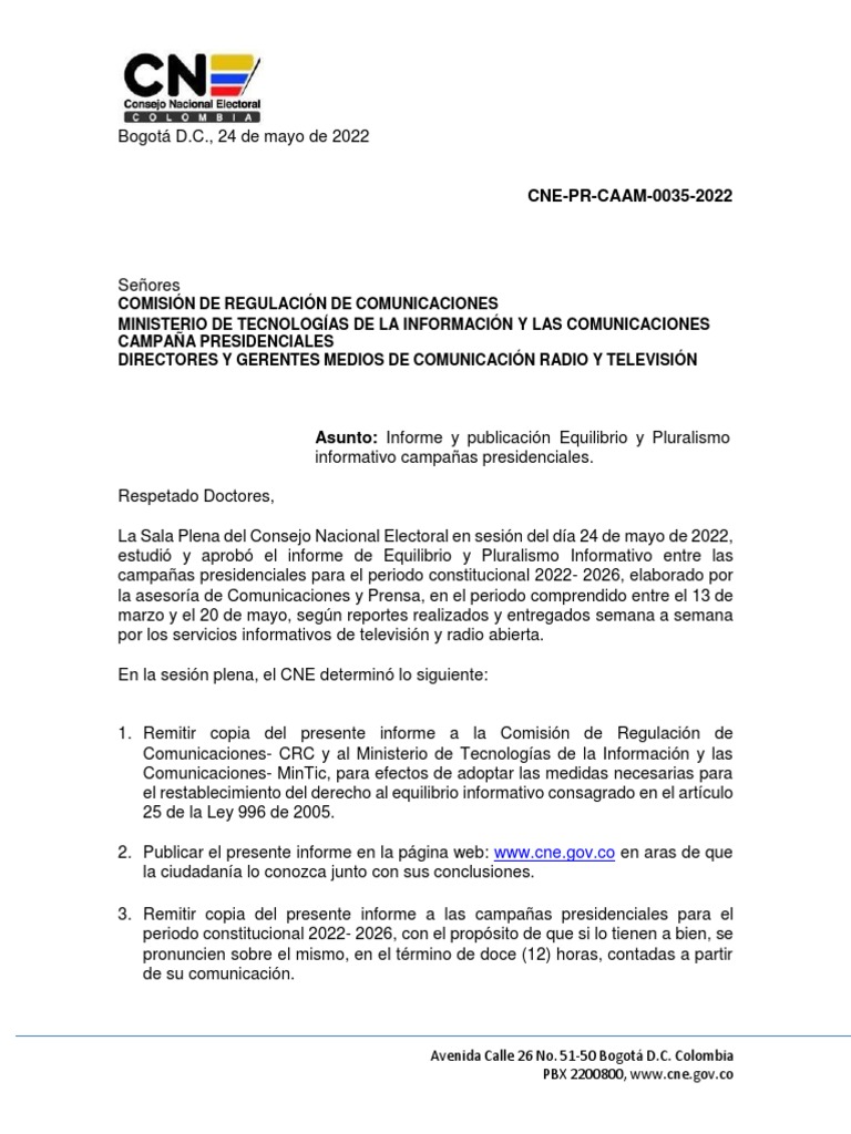 Oficio Equilibrio Informativo Corregido CNE | PDF | Gobierno