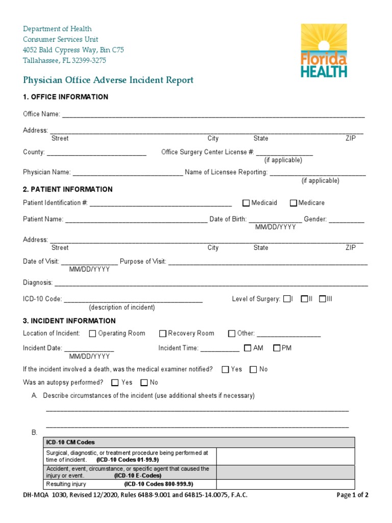 Physician Office Adverse Incident Report Detailing a Medical Error or ...