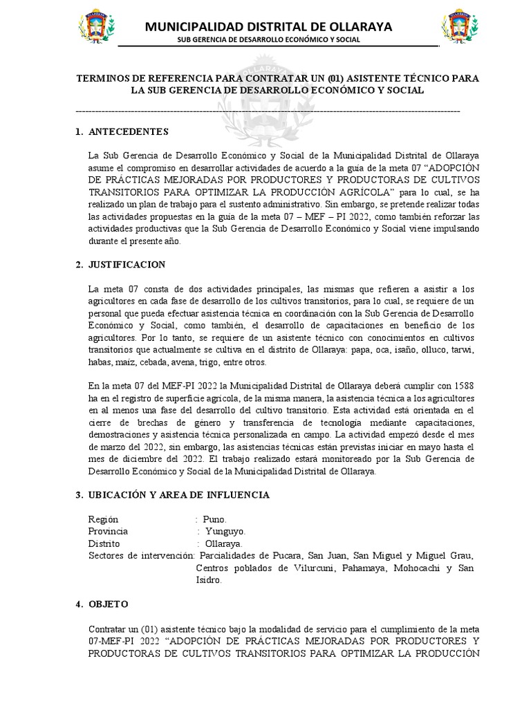 TDR Asistente Tecnico | PDF | Agricultura