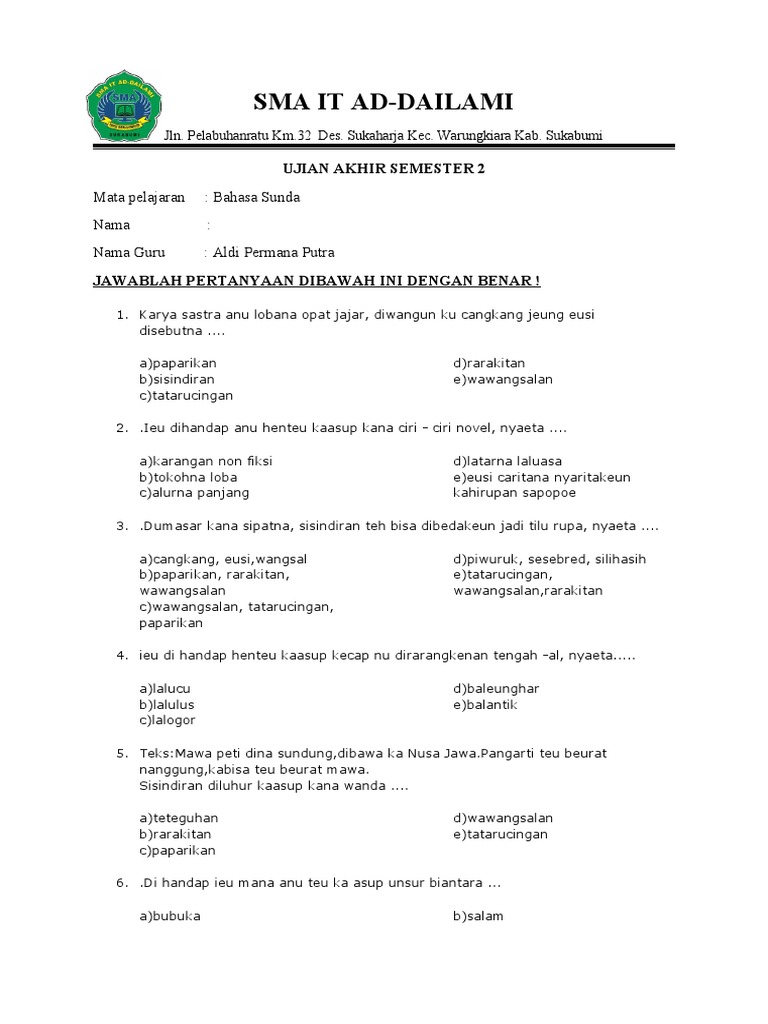 Soal - B.Sunda Kls 10 | PDF