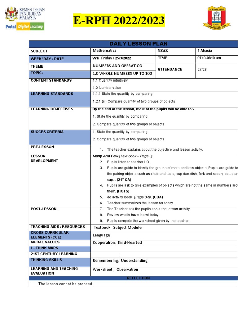 Daily Lesson Plan: Mathematics Friday Numbers and Operation 1.0 Whole ...