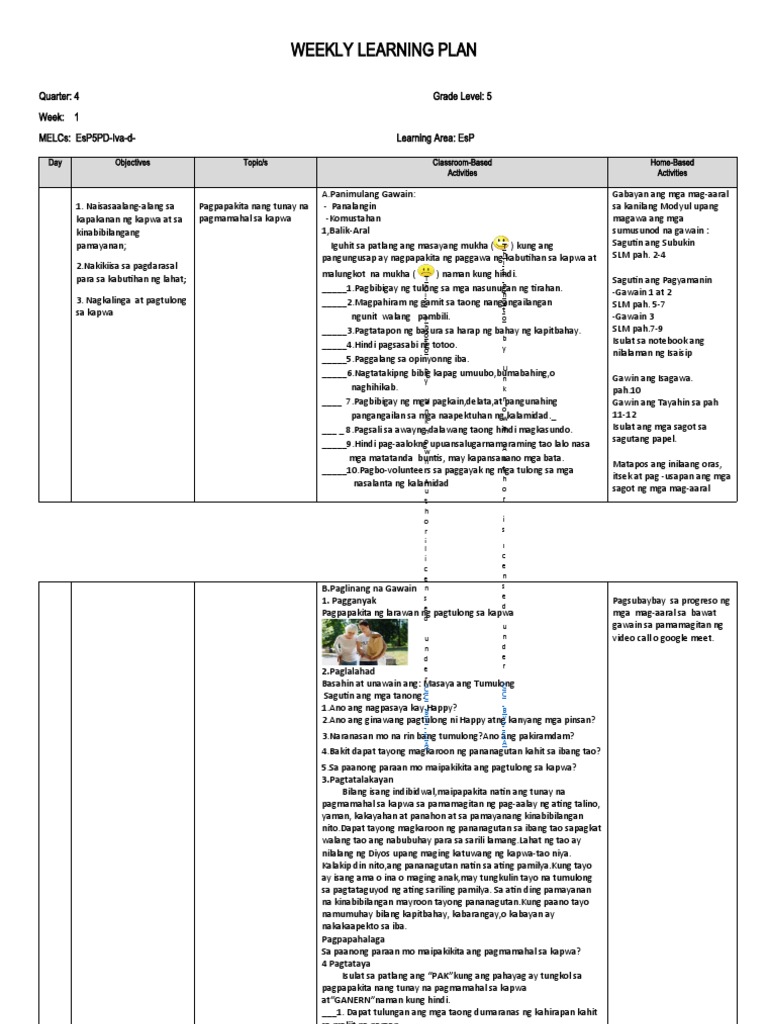 WEEKLY LEARNING PLAN EsP 5 Week 1 | PDF