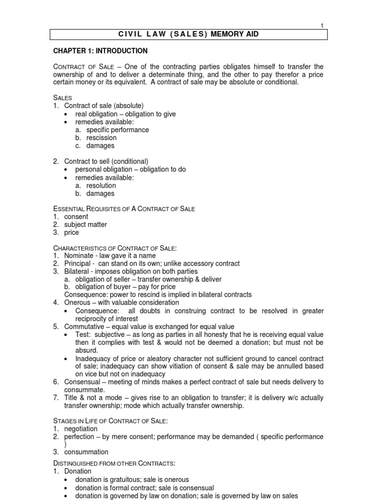 Civil Law (Sales) Memoryaid: Chapter 1: Introduction | PDF
