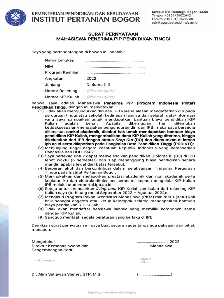 Surat Pernyataan Mahasiswa KIP Kuliah D3 IPB 2022 | PDF
