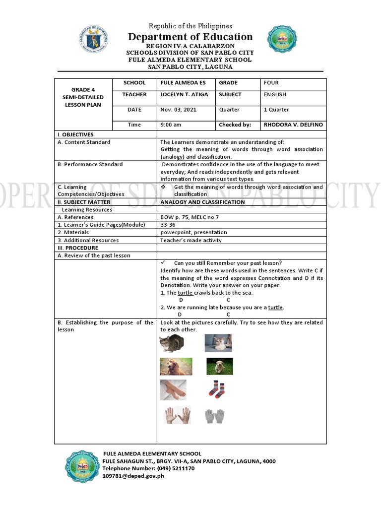 Grade 4 English Lesson Plan: Analogy & Classification | PDF | Analogy ...