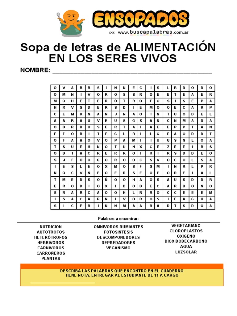 Sopa de Letras de Alimentación en Los Seres Vivos - 2 | PDF ...