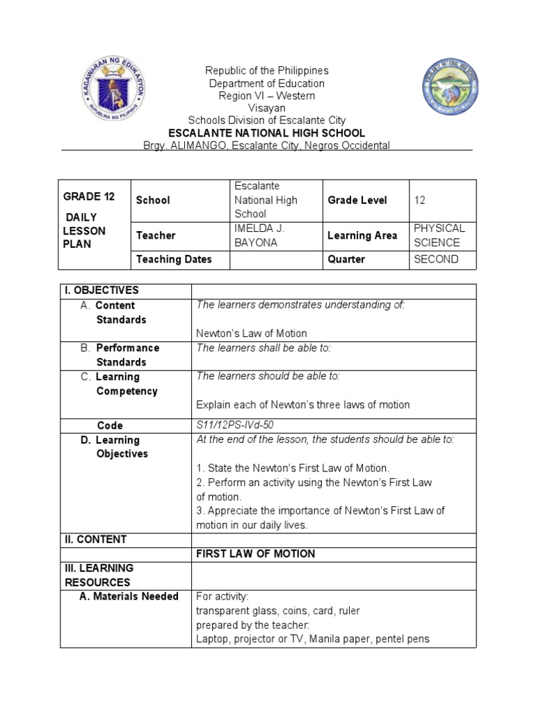 Grade 12 Physics: Newton's First Law Plan | PDF | Physical Sciences ...