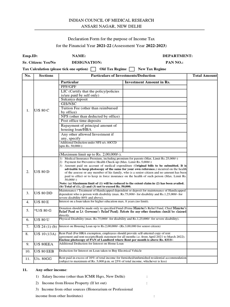 Income Tax Declaration Form FY 2021-22 | PDF | Income Tax | Taxes