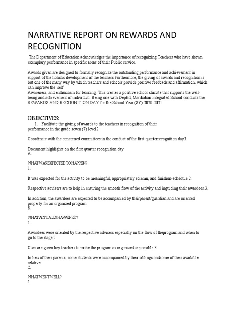 Narrative Report On Rewards and Recognition | PDF | Teachers | Applied ...