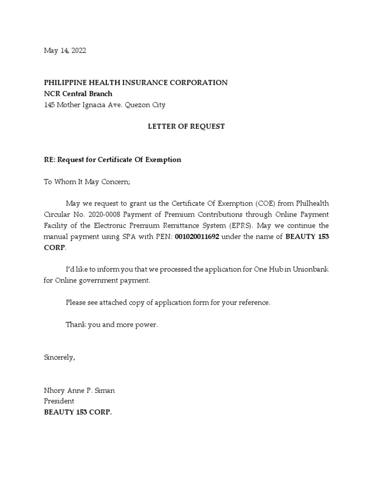 Request for PhilHealth COE Exemption | PDF | Business | Finance & Money ...