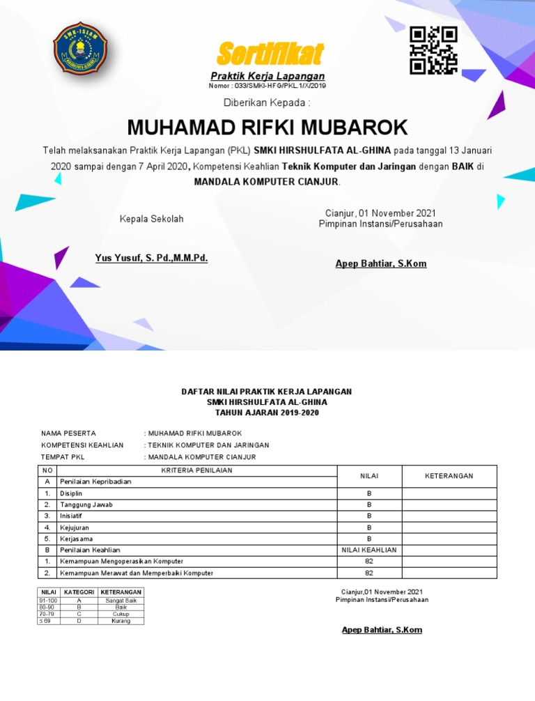 Format Sertifikat PKL TKJ Level 1.0 | PDF