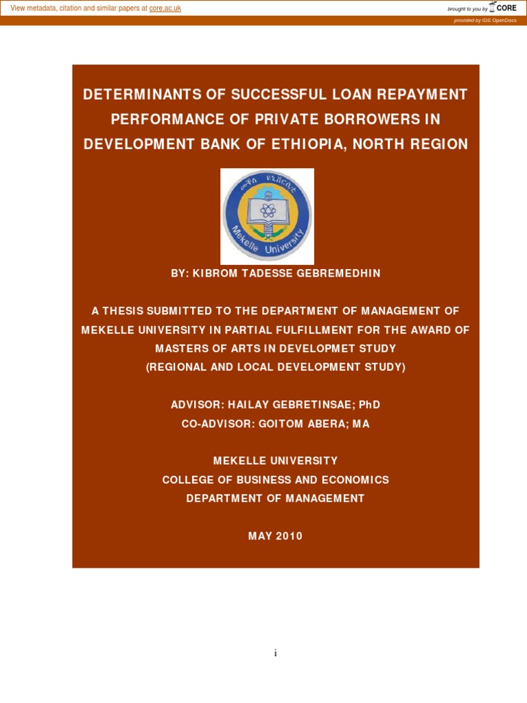 Determinants of Successful Loan Repayment Performance of Private ...
