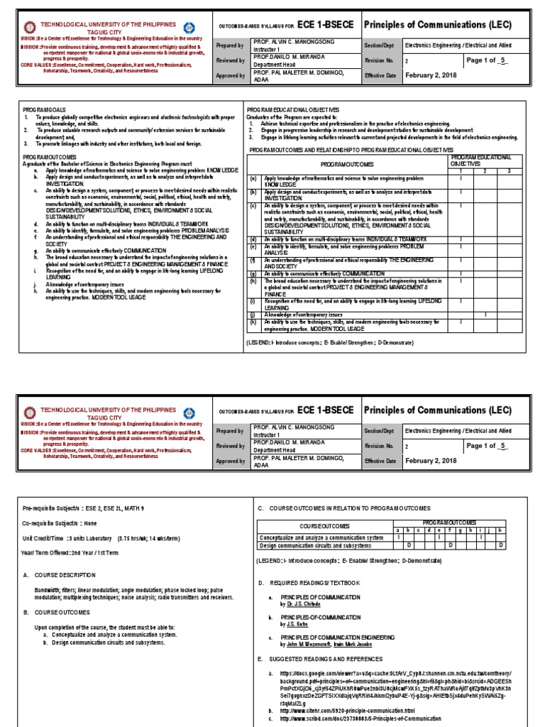 ECE 1-BSECE Communication Principles Syllabus | PDF | Engineering ...