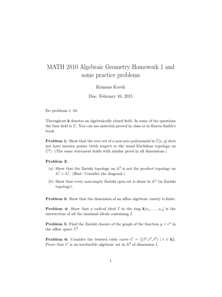 MATH 2810 Algebraic Geometry Homework 1 and Some Practice Problems ...