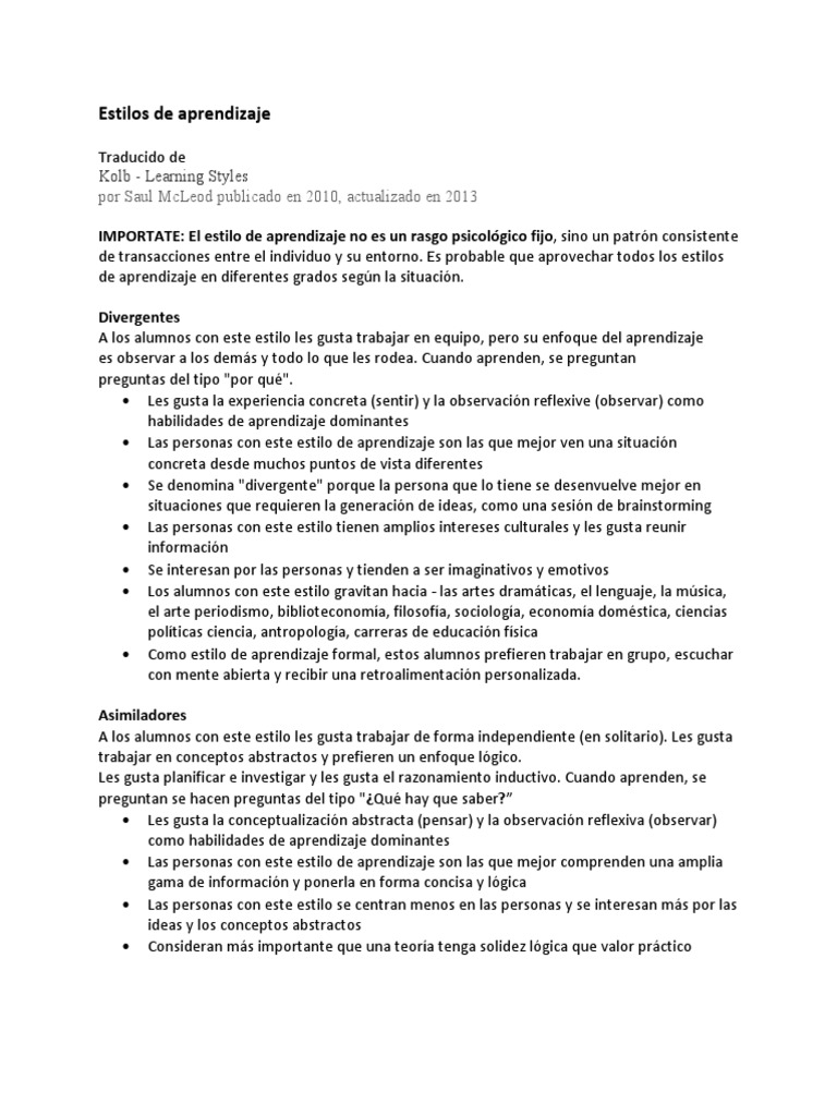 Estilos de Aprendizaje Segun Kolb | PDF | Aprendizaje | Aprendiendo estilos
