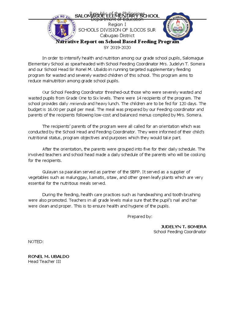 Narrative Report On School Based Feeding Program | PDF | Food And Drink | Nutrition