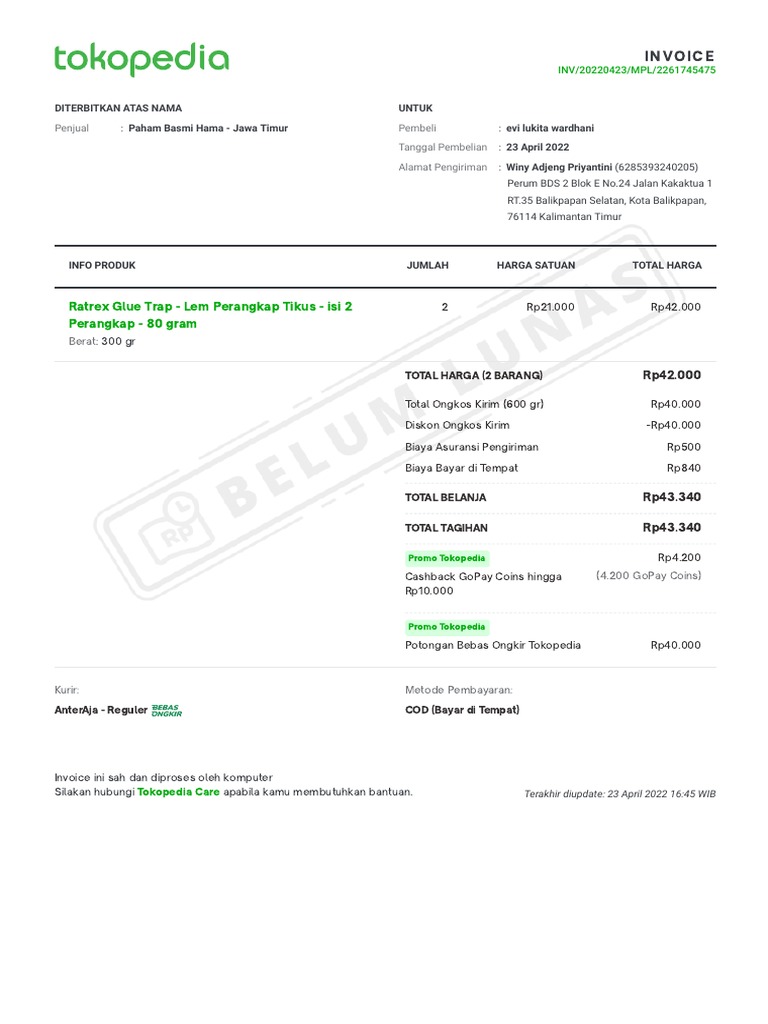 Invoice Pembelian Ratrex Glue Trap | PDF