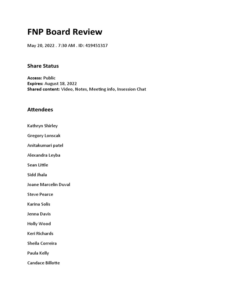 FNP Board Review Meeting Summary | PDF | Sports & Recreation | Wellness