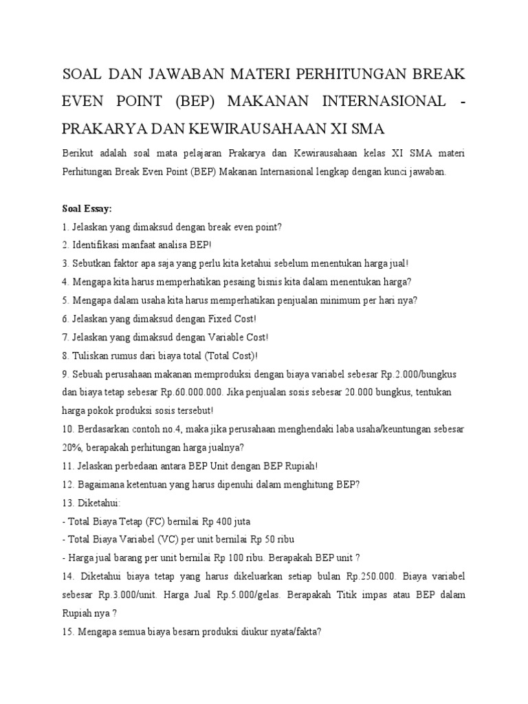 Soal Dan Jawaban Materi Perhitungan Break Even Point | PDF